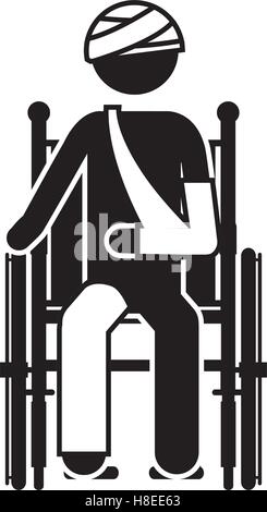 pictogramme homme avec jambe avec bandages avec béquille sur fond blanc ...