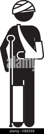pictogramme homme avec jambe avec bandages avec béquille sur fond blanc ...