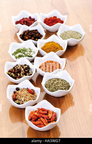 Différents types d'épices dans des bols et des cuillères, close-up, sur ...