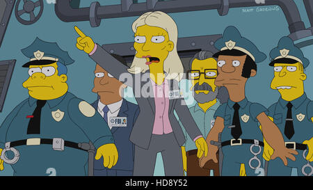 Les Simpsons, (de gauche) : Lou, Eddie, chef Clancy Wiggum, Bart ...