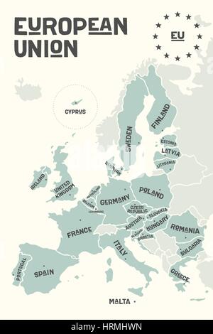 Carte simplifiée de l'UE, de l'Union européenne. Formes arrondies des États avec bordure lissée ...