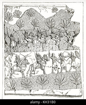 Gravure représentant un bas-relief assyrien qui montre le transport des ...