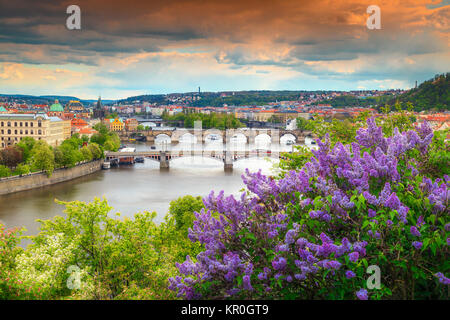 Printemps incroyable paysage urbain, la rivière Vltava et de vieux ...