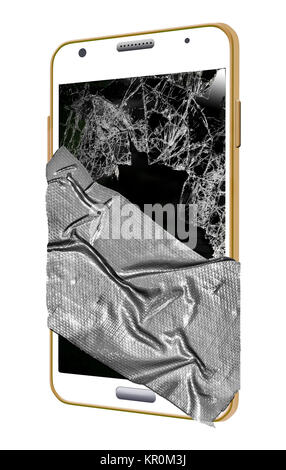 Un téléphone cellulaire cassé est fissuré, il fume et est recouvert de ...