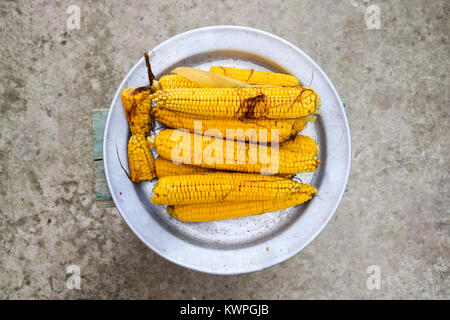 Le maïs bouilli sur un plateau d'aluminium près de maïs. Gros plan du ...