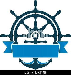 Barre blanche nautique et étiquette d'ancrage isolée en bleu. Panneau de navigation pour bateau ...