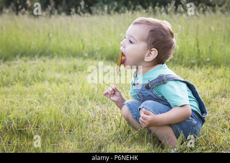 Bébé garçon avec un suçon sur sa baguette dans ses mains marchant le ...