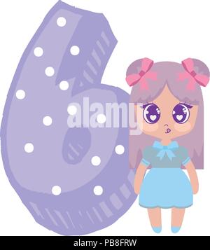 Kawaii cute girl numéro 6 sur fond blanc, vector illustration Image ...