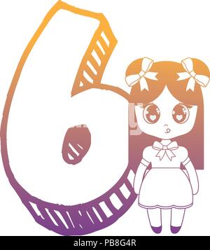 Kawaii cute girl numéro 6 sur fond blanc, vector illustration Image ...