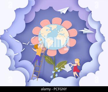 Les enfants prendre soin de la Terre fleur avec fond de ciel bleu ...