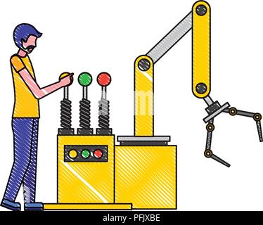 Opérateur travaillant avec le bras robotique usine industrielle dessin ...