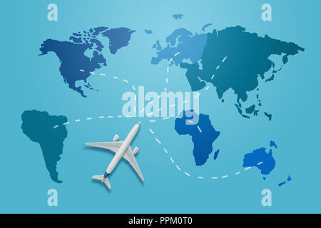 Concept de trajectoire de vol d'avion sur la carte du monde avec points ...