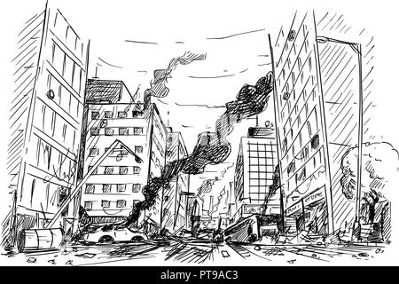 Dessin à la main de rue de ville détruit par Riot, Route bloquée par ...