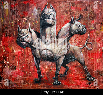 Chien mythique cerberus à trois têtes. Illustration expressive en noir ...