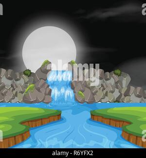 Illustration de la cascade de nuit. Ruisseau de rivière qui coule à ...