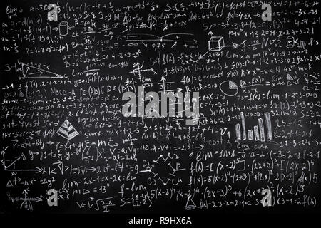 Tableau noir portant des formules et calculs scientifiques en physique ...