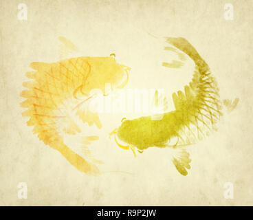 La carpe koï rouge et noir à la main dans un style traditionnel Photo ...