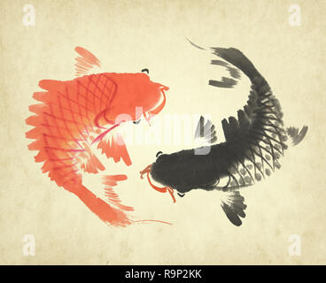 La carpe koï rouge et noir à la main dans un style traditionnel Photo ...