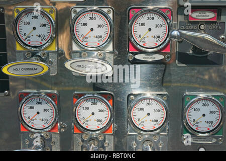 Le tableau de commande d'un camion de pompiers avec manomètres ...