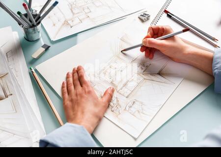 Interior designer disegno schizzo a matita di una cucina. Progetti di ...