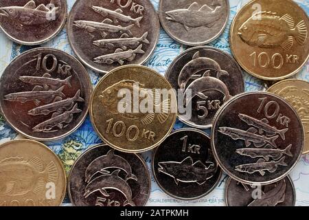 Corona islandese, valuta le monete con pesci e animali marini, Islanda ...