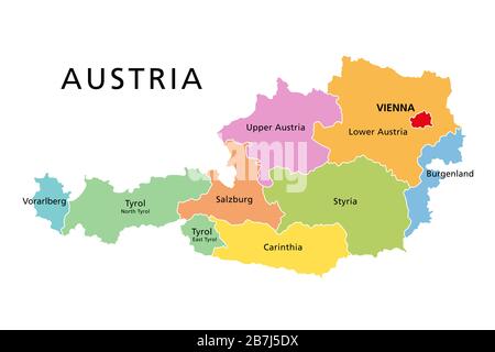 Mappa politica dell'Austria con la capitale Vienna, confini nazionali ...