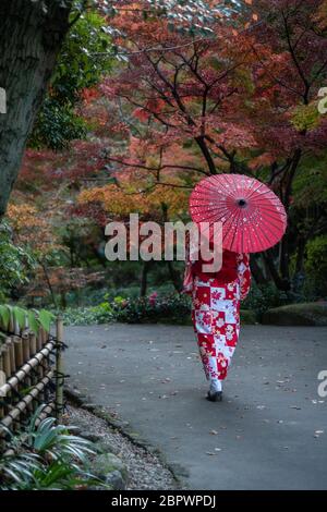 Geisha in kimono verde-giallo; aghi moderni di pino; Tosei Matsu No ha ...