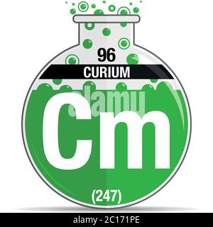 Simbolo del curio sul pallone chimico. Elemento numero 96 della Tavola ...