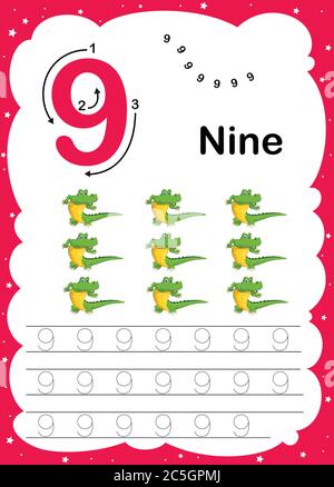 Come scrivere il numero nove illustrazione del foglio di lavoro ...