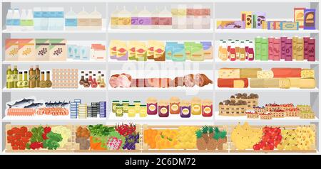 Scaffale di supermercato con prodotti illustrazione vettoriale design ...