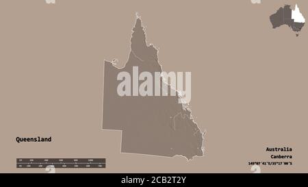 Queensland, stato dell'Australia. Mappa di altitudine colorata con ...