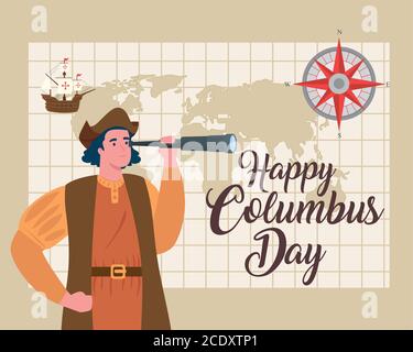 Cristoforo Colombo cartoon con telescopio e disegno vettoriale della ...