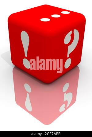 Domande e risposte. Cubo rosso con simboli di esclamazione, punto ...