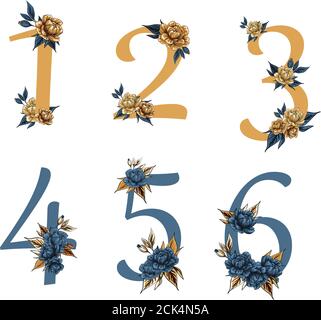 Fiori ornati numeri. Decorativo floreale alfabeto elementi botanici ...