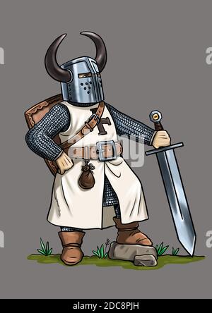 Cartone animato Teutonico cavaliere. Disegno bianco nero Foto stock - Alamy