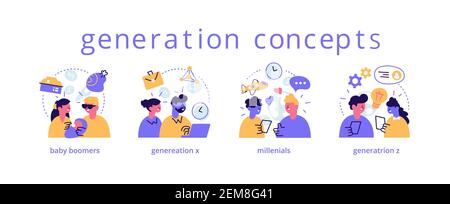 Baby boomer, icone di persone vettoriali di generazione X. Illustrazione di persone boomer e ...