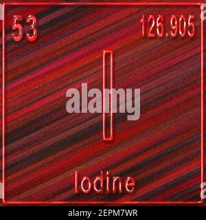 Simbolo di iodio. Segno iodio con numero atomico e peso atomico. Ho ...