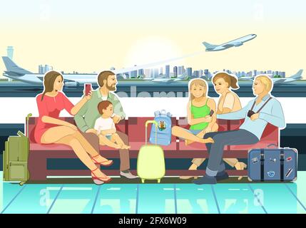 Famiglia va in vacanza, piatto colorato disegno. Personaggio dei ...