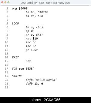 Assembler Z80 zxspectrum lingua Hello World esempio di programma nella finestra dell'editor ...