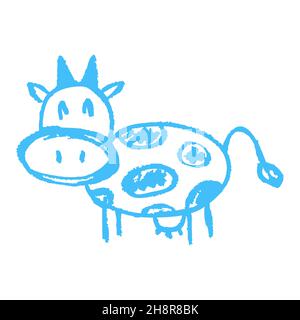 Mucca. Icona in stile disegno a mano. Disegno con pastelli di cera ...