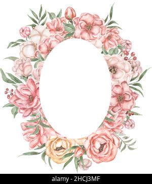 Fiori rosa e bacche corona Clipart, acquerello fiori di caramello e ...