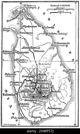 Mappa di Ceylon, , (Enciclopedia, 1893), Karte von Ceylon, Carte de ...