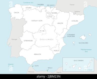 La mappa dettagliata della Spagna con le regioni o gli stati e le città ...