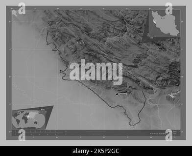 ILAM, provincia dell'Iran. Mappa in scala di grigi con laghi e fiumi ...