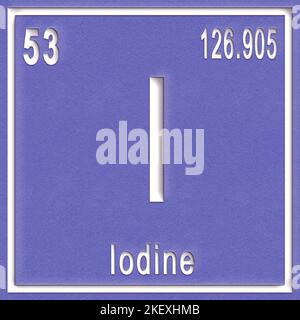 Simbolo di iodio. Segno iodio con numero atomico e peso atomico. Ho ...