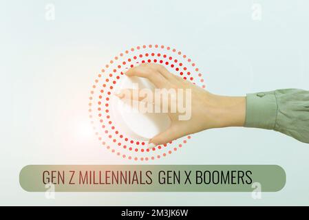 Visualizzazione concettuale Gen Z Millennial Gen X Boomer. Panoramica aziendale differenze ...