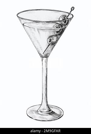 Bicchiere Martini con olive. Cocktail alcolico disegnato a mano ...