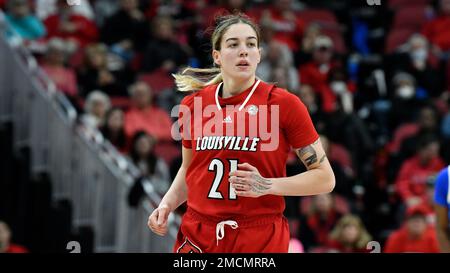 Louisville forward Emily Engstler (21) shoots over Wake Forest forwards ...