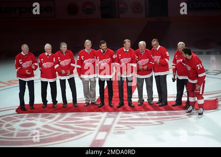 Former Detroit Red Wings captains Red Berenson, from left, Paul Woods ...