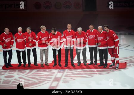 Former Detroit Red Wings captains Red Berenson, from left, Paul Woods ...